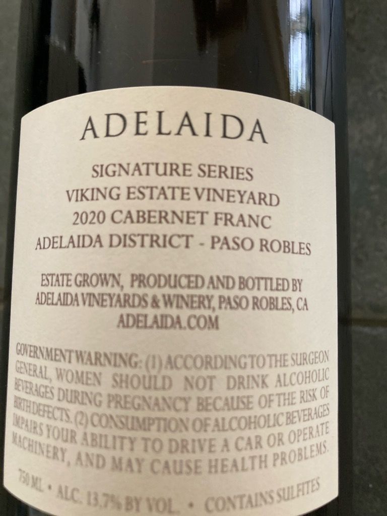 2022 Adelaida Cabernet Franc Signature Series Viking Estate Vineyard ...