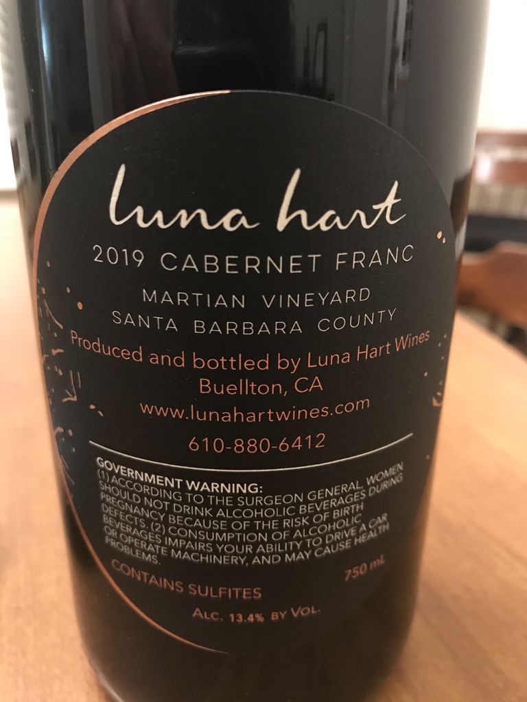 2019 Luna Hart Wines Cabernet Franc, USA, California, Central Coast ...