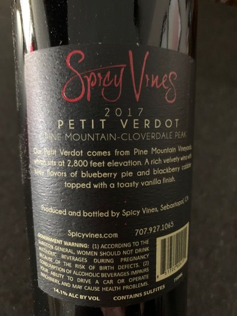 2019 Spicy Vines Petit Verdot, USA, California, North Coast, Pine ...