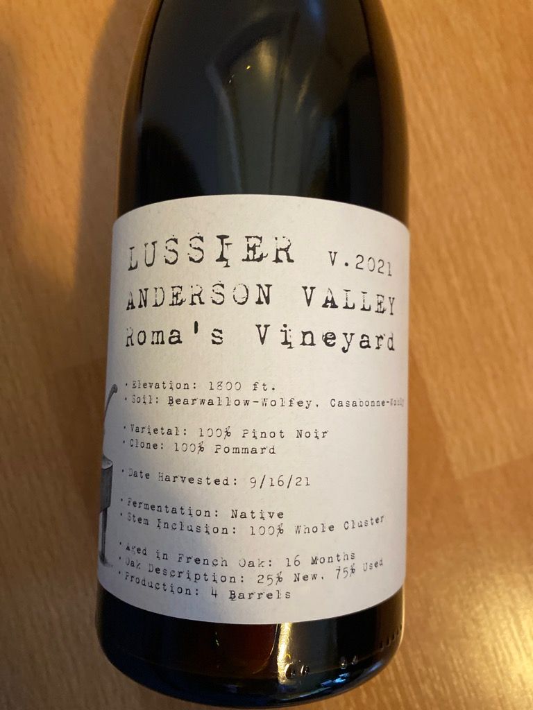 2021 Lussier Pinot Noir Roma's Vineyard, USA, California, North Coast ...