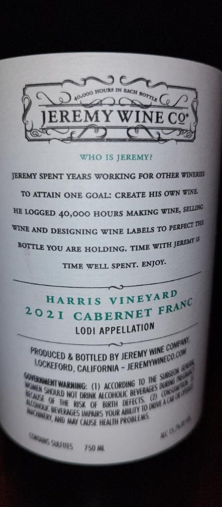 2021 Jeremy Wine Company Cabernet Franc Harris Vineyard, USA ...
