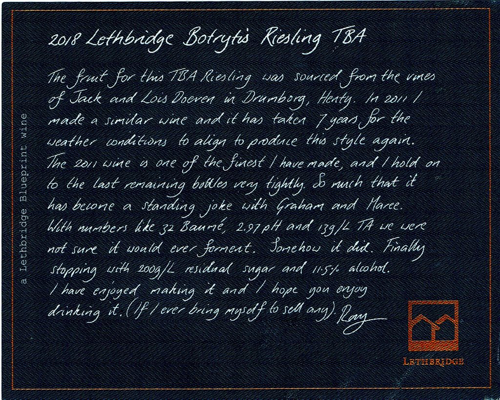 2018 Lethbridge Wines Riesling Botrytis TBA, Australia, Victoria ...
