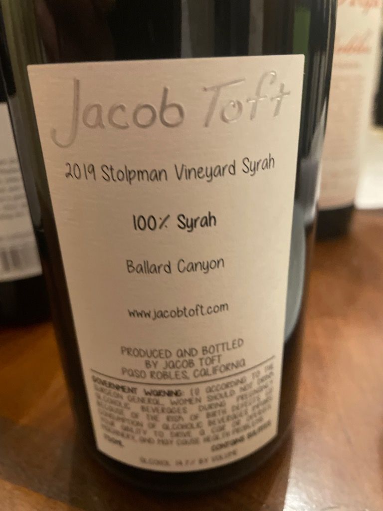 2019 Jacob Toft Syrah Stolpman, USA, California, Central Coast, Los ...
