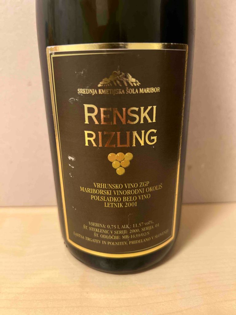 2001 Biotehniška šola Maribor Renski Rizling Vrhunsko Vino, Slovenia ...