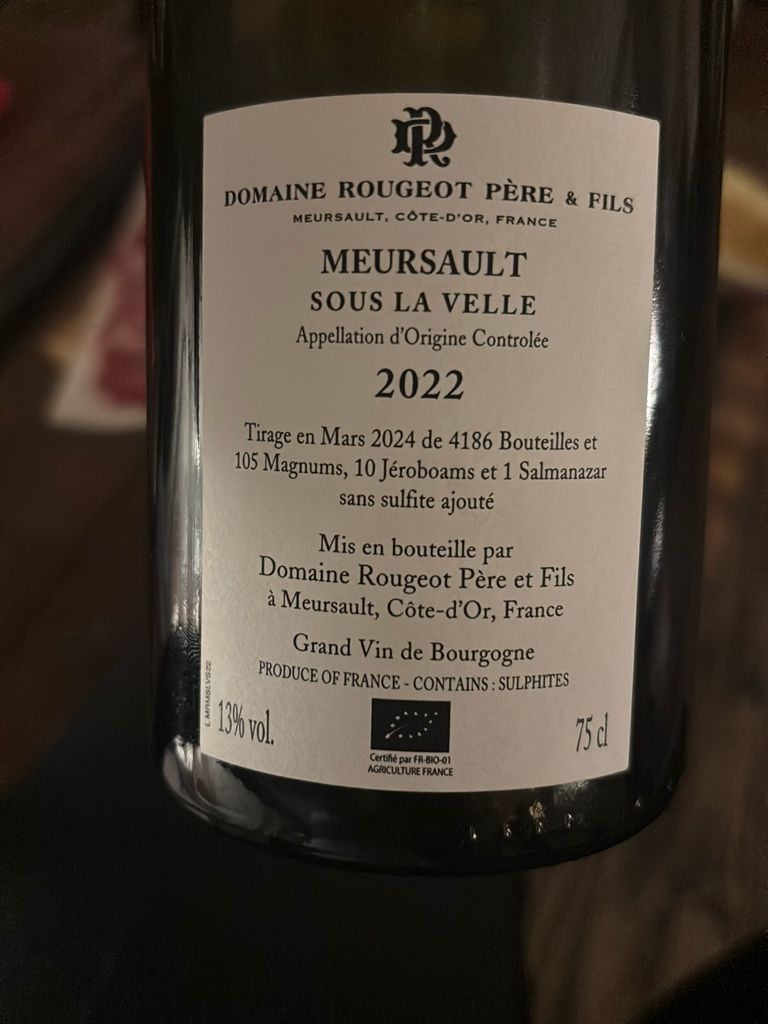 2022 Domaine Rougeot Meursault Sous La Velle, France, Burgundy, Côte de ...