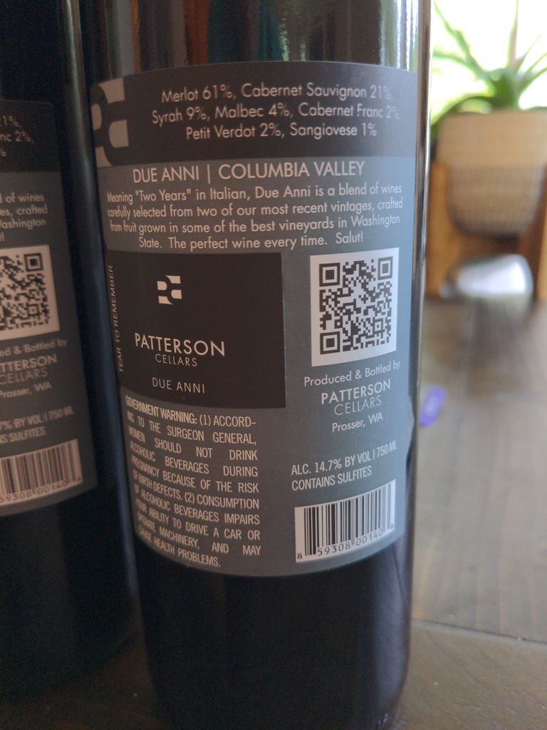 2022 Patterson Cellars Due Anni, USA, Washington, Columbia Valley ...
