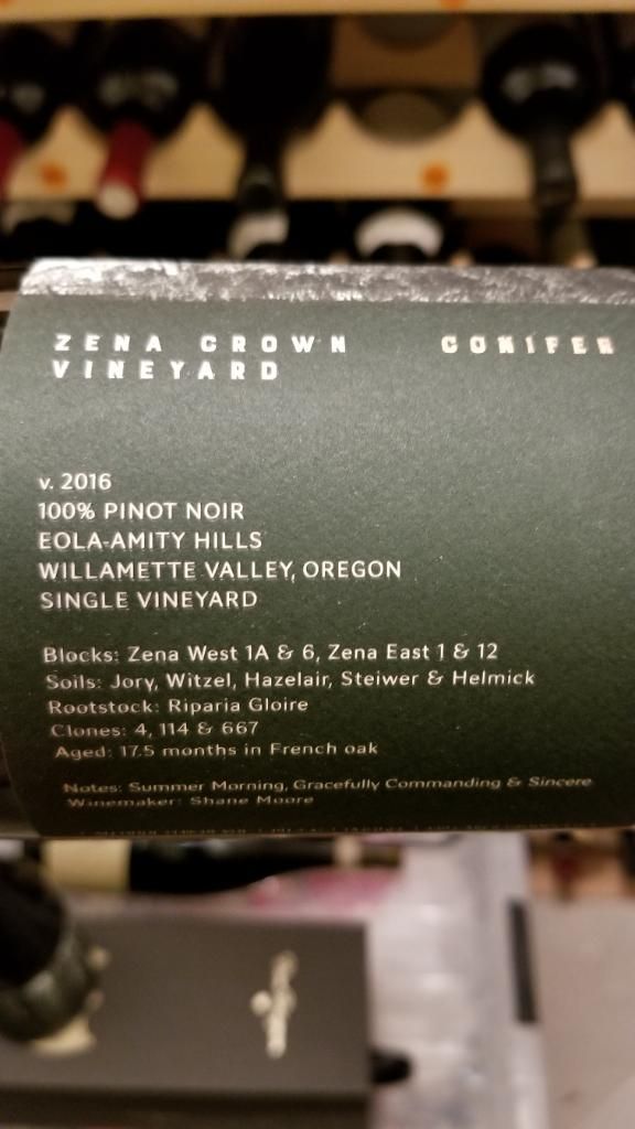2016 Zena Crown Pinot Noir Conifer Zena Crown Vineyard, USA, Oregon ...