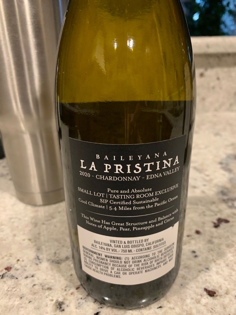 2021 Baileyana Chardonnay La Pristina, USA, California, Central Coast, Edna Valley - CellarTracker