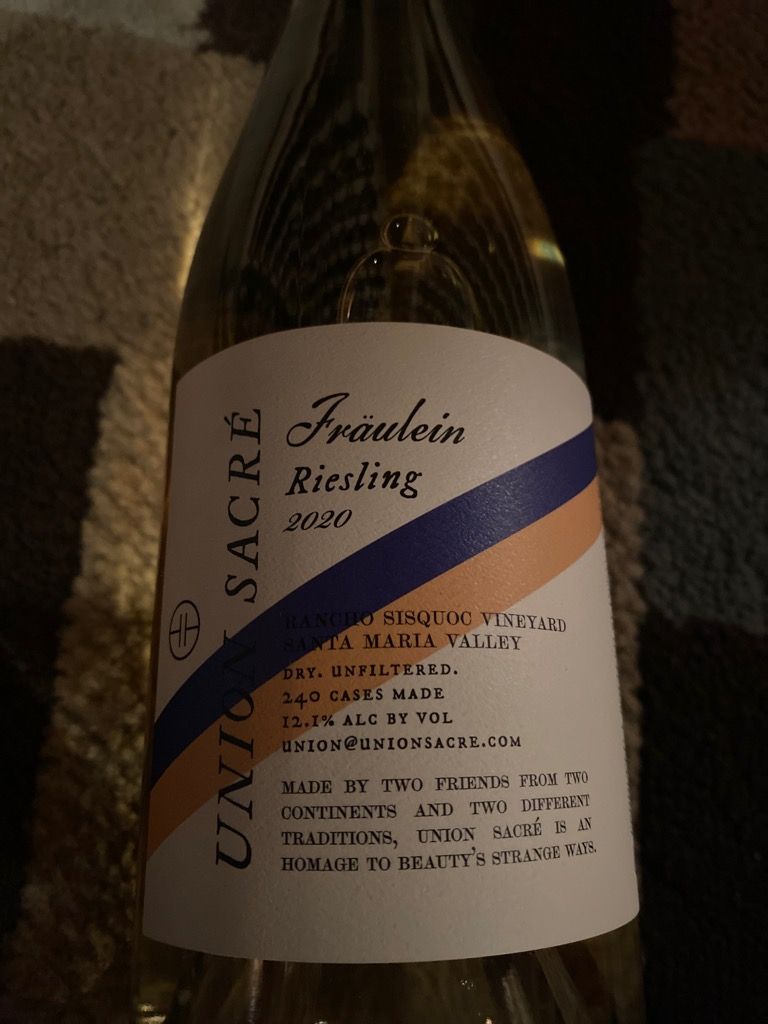 2020 Union Sacré Riesling Fraülein Rancho Sisquoc Vineyard, USA ...