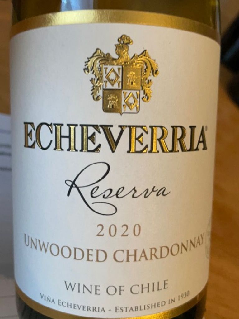 2021 Echeverría Chardonnay Unwooded Reserva, Chile, Curico Valley, Lontué Valley, Molina ...