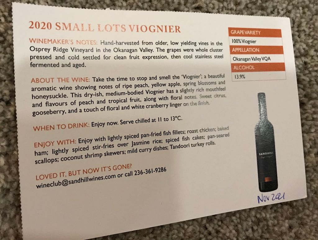 2021 Sandhill Viognier Small Lots Program Osprey Ridge Vineyard, Canada ...
