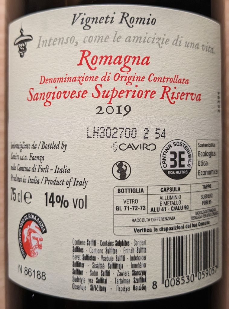 2019 Vigneti Romio Sangiovese di Romagna Superiore Riserva, Italy, Emilia-Romagna, Sangiovese di ...