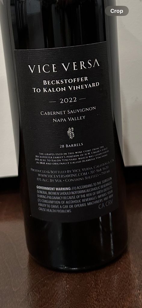 2023 Vice Versa Cabernet Sauvignon Beckstoffer To Kalon Vineyard, USA ...
