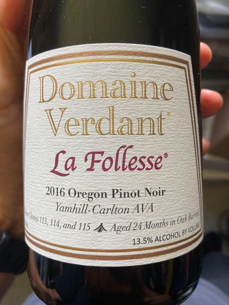 2016 Domaine Verdant Pinot Noir La Follesse, USA, Oregon, Willamette ...