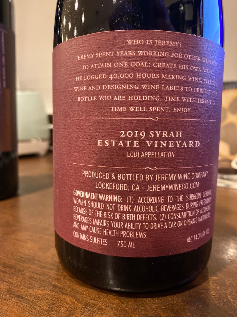 2020 Jeremy Wine Company Syrah Estate Vineyard, USA, California ...