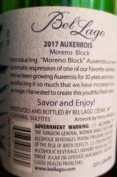 2018 Bel Lago Vineyard Auxerrois Blanc Moreno Block, USA, Michigan ...