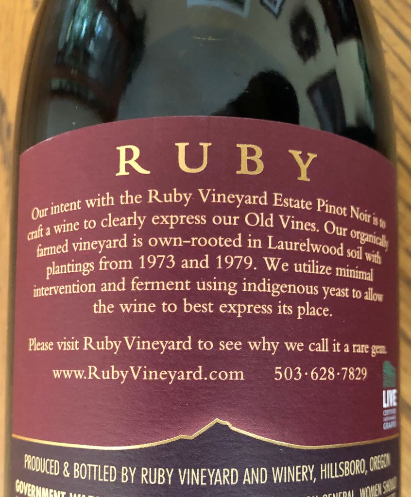 2018 Ruby Vineyard Pinot Noir Old Vine Estate Chehalem Mountains, USA, Oregon, Willamette Valley ...