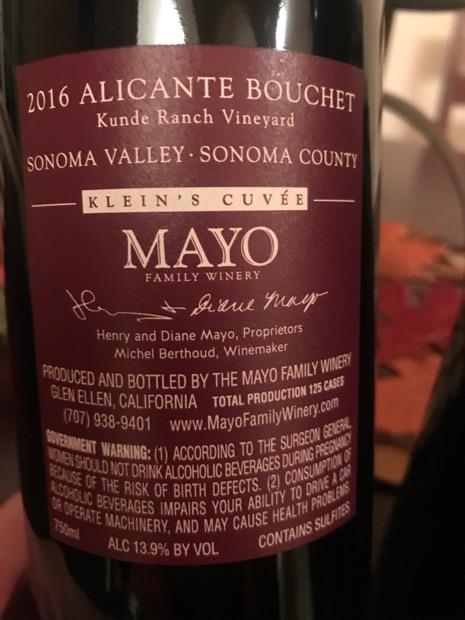 2016 Mayo Family Winery Alicante Bouchet Klein's Cuvée Kunde Ranch ...