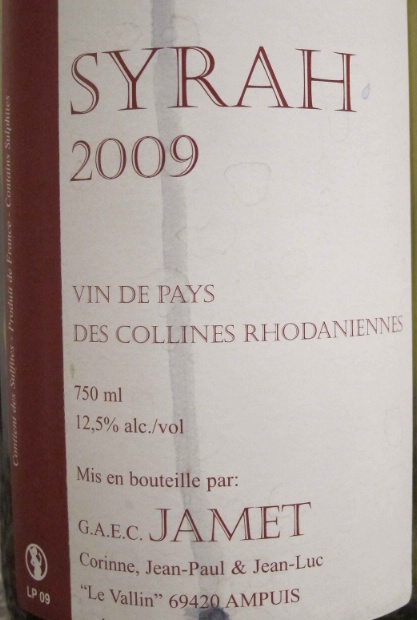 2009 Domaine Jamet Syrah Vin de Pays des Collines Rhodaniennes, France ...
