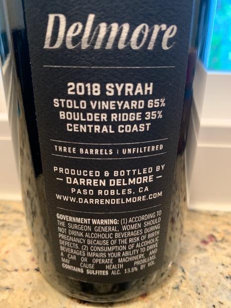 2018 Delmore Syrah, USA, California, Central Coast - CellarTracker