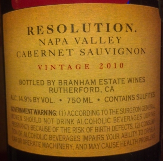 2010 Branham Estate Wines Cabernet Sauvignon Resolution, USA ...