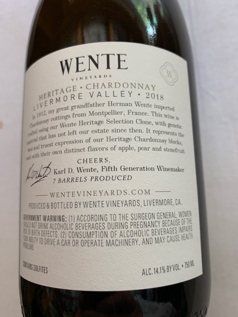 2017 Wente Vineyards Chardonnay Heritage Block, USA, California, San ...