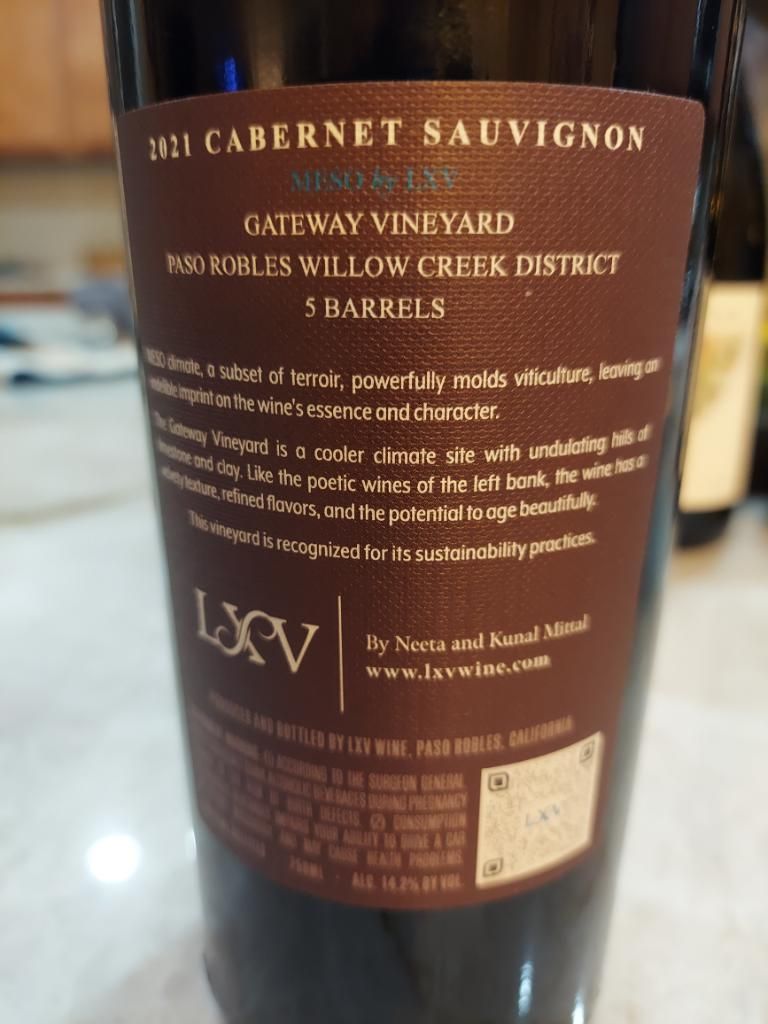 2021 LXV Wine Cabernet Sauvignon Meso by LXV Gateway Vineyard, USA ...
