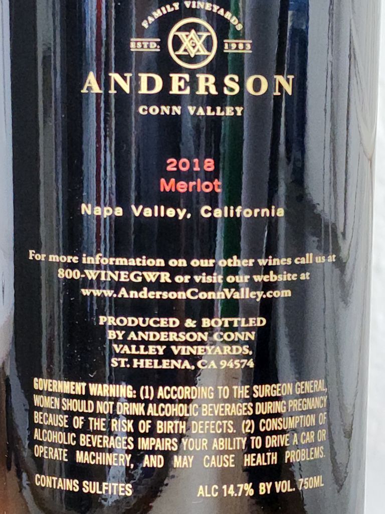 2018 Anderson's Conn Valley Vineyards Merlot, USA, California, Napa ...