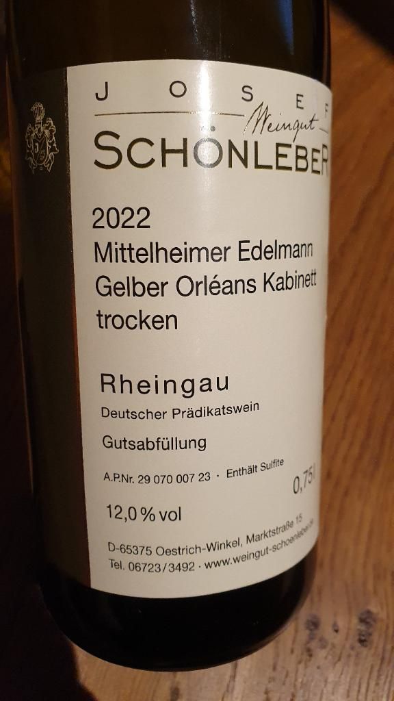 2022 Weingut Josef Schönleber Mittelheimer Edelmann Gelber Orleans ...