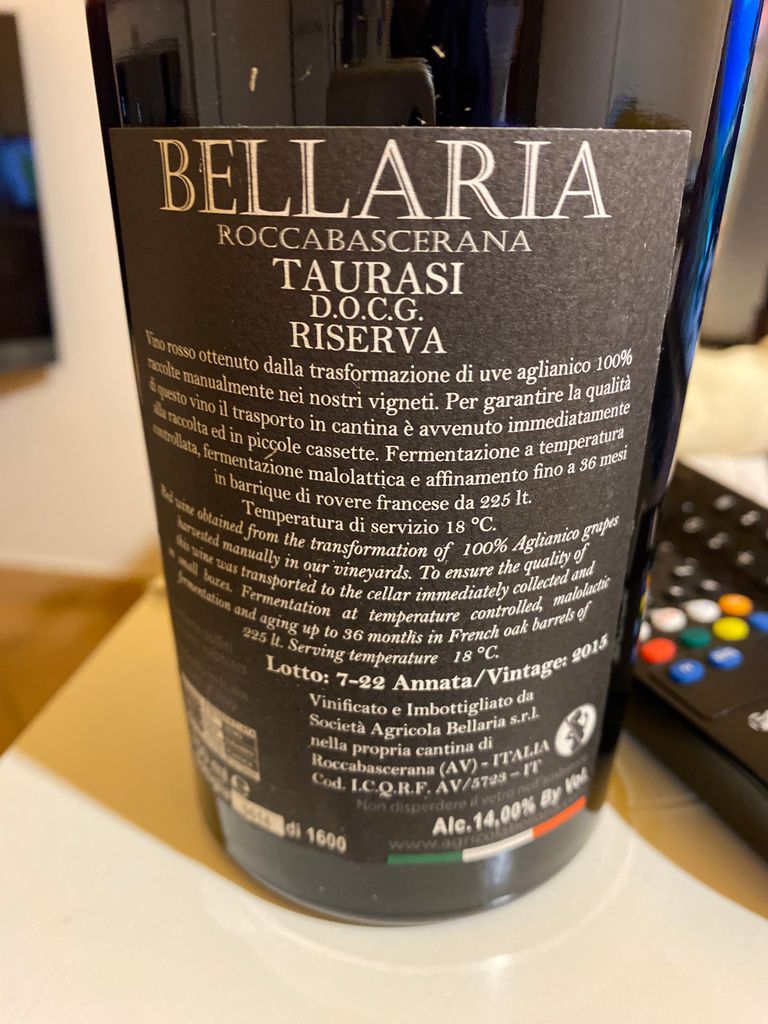 2015 Agricola Bellaria Taurasi, Italy, Campania, Taurasi DOCG ...