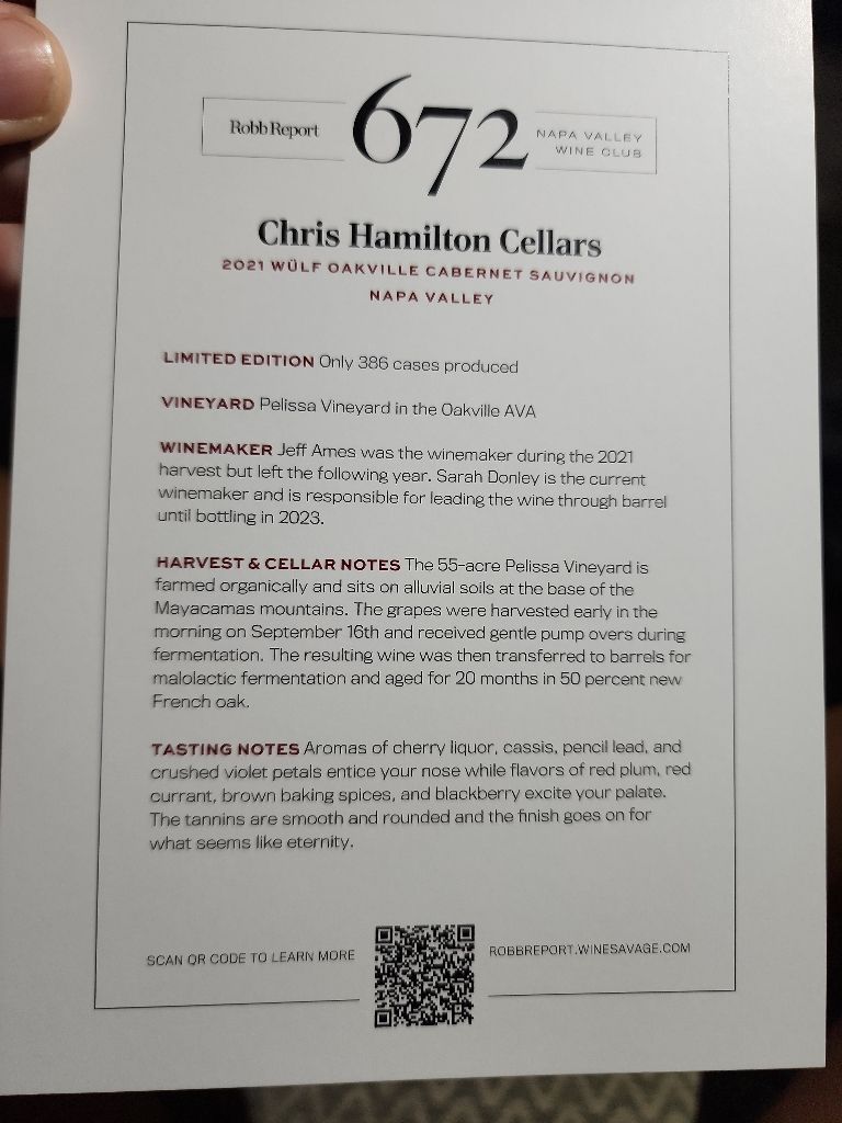 2021 Chris Hamilton Cellars Cabernet Sauvignon Wulf, USA, California ...