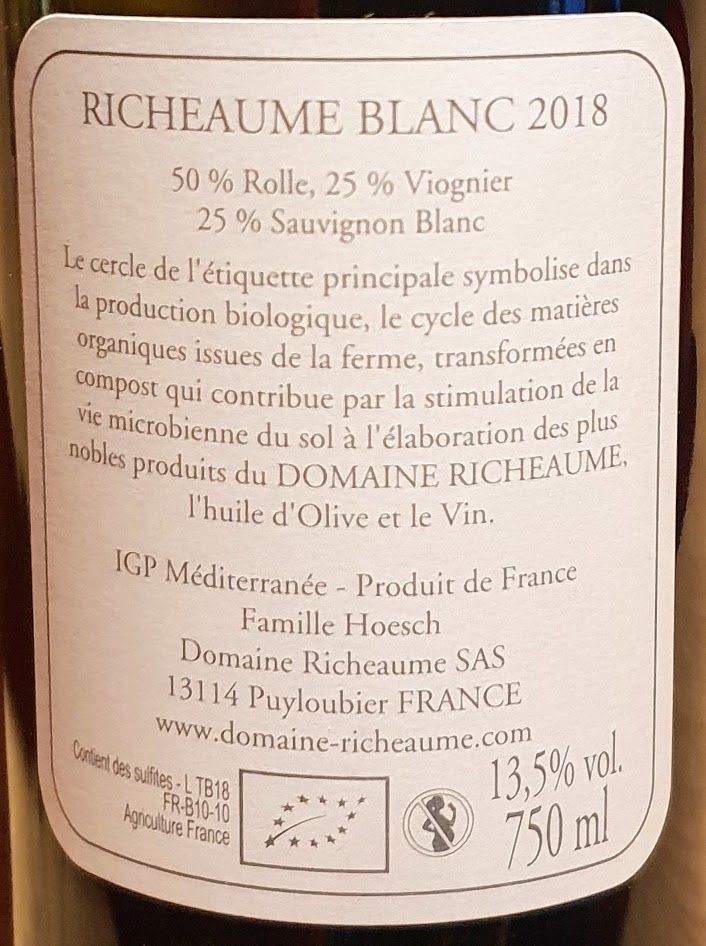 2020 Domaine Richeaume Richeaume Blanc, France, Provence, Mediterranée ...