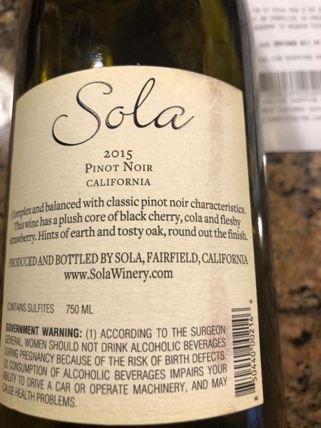 2015 Sola Pinot Noir, USA, California, Central Coast, Monterey County ...