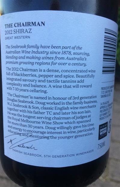 2012 Seabrook Wines Shiraz The Chairman, Australia, Victoria, Western ...