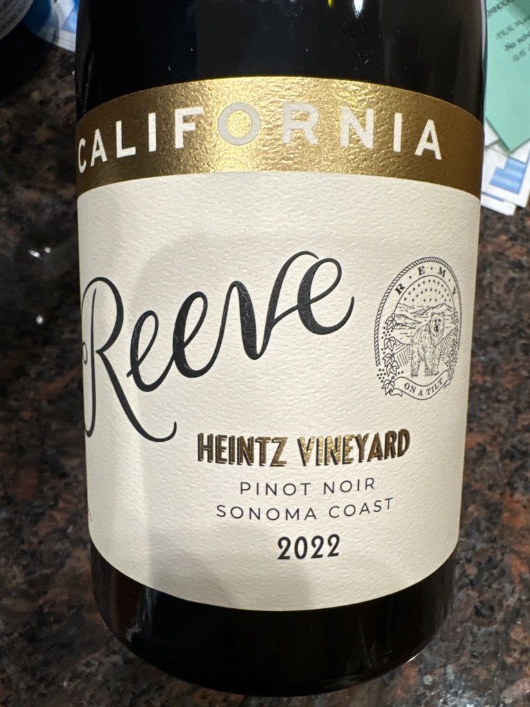 2022 Reeve Wines Pinot Noir Heintz Vineyard, USA, California, Sonoma ...