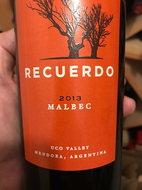 2013 Recuerdo Malbec, Argentina, Mendoza, Valle de Uco - CellarTracker