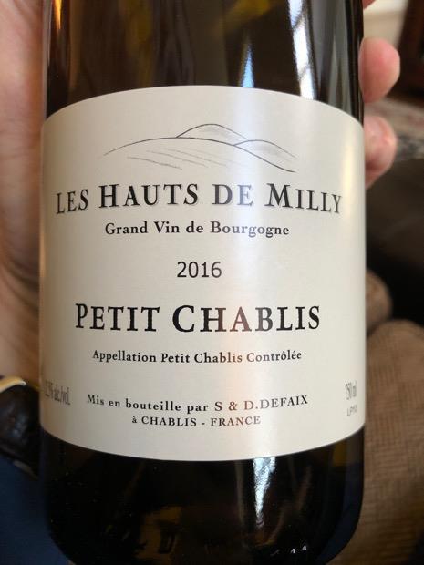 2015 Domaine Bernard Defaix Chablis Les Hauts de Milly, France ...