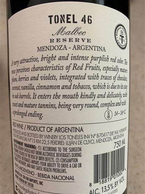 2016 Bodegas Los Toneles Malbec Reserva Tonel 46, Argentina, Mendoza ...