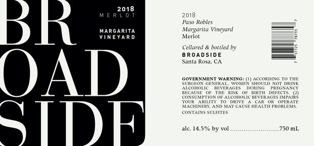 2018 Broadside Merlot Margarita Vineyard, USA, California, Central ...