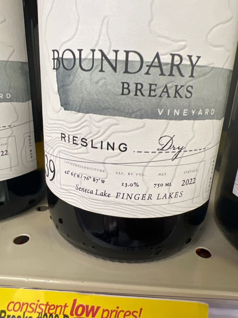 2022 Boundary Breaks Vineyard Dry Riesling No. 239, USA, New York, Finger Lakes, Seneca Lake ...