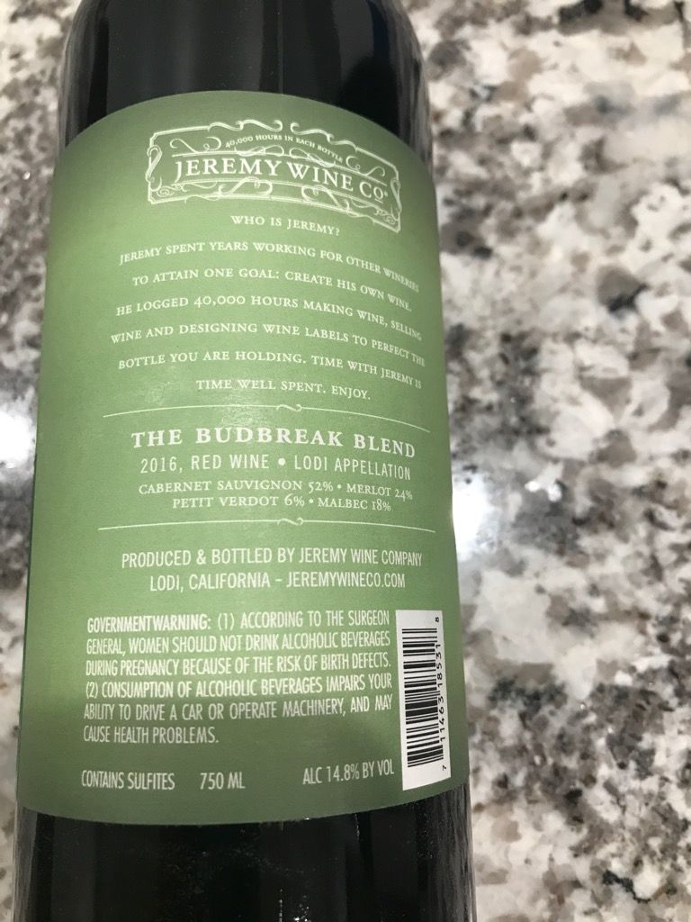 2017 Jeremy Wine Company The Budbreak Blend, USA, California, Central ...
