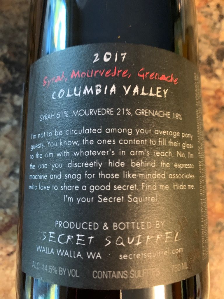 2017 Secret Squirrel Red Rhone Blend, USA, Washington, Columbia Valley ...