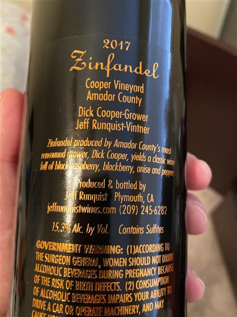 2017 Jeff Runquist Zinfandel "R" Cooper Vineyard, USA, California ...
