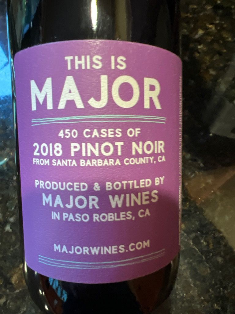 2018 Major Wines Pinot Noir, USA, California, Central Coast, Sta. Rita ...