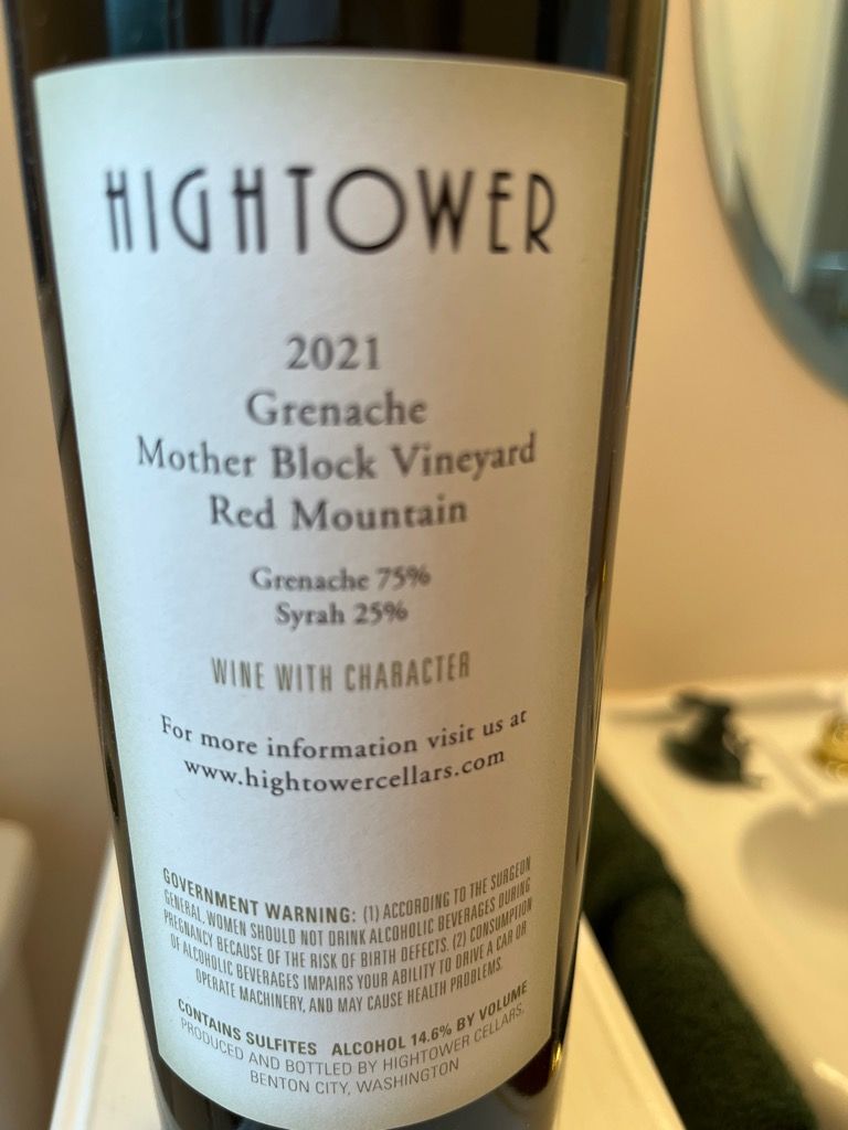 2021 Hightower Cellars Grenache Mother Block, USA, Washington, Columbia ...