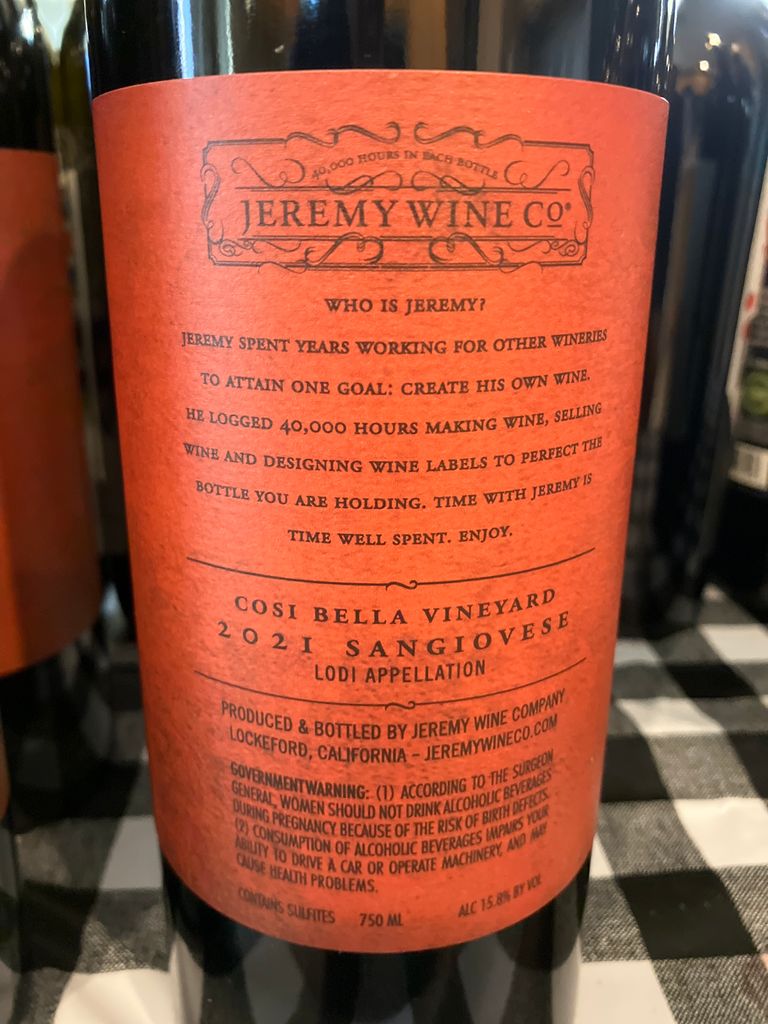 2021 Jeremy Wine Company Sangiovese Cosi Bella Vineyard, USA ...