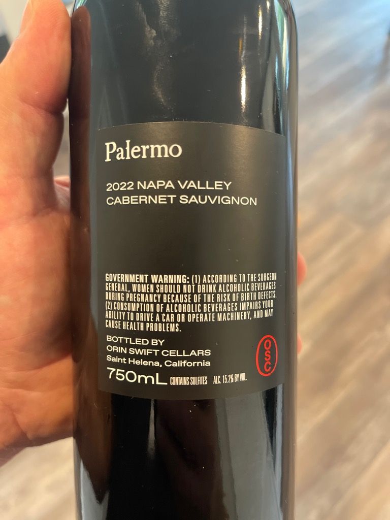2022 Orin Swift Cabernet Sauvignon Palermo, USA, California, Napa ...