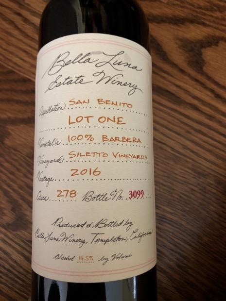 2016 Bella Luna Barbera Lot One, USA, California, Central Coast, San ...