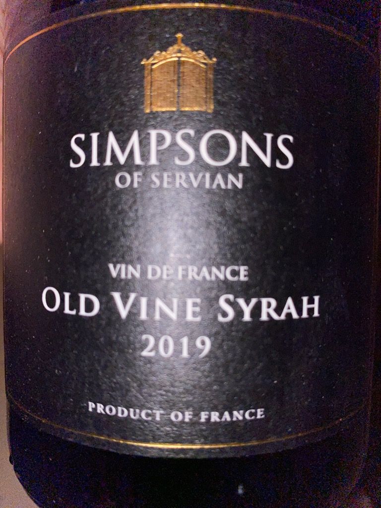 2020 Simpsons of Servian Syrah Vin de Pays d'Oc Old Vine Syrah, France ...