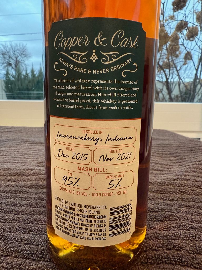 2021 Copper and Cask Straight Rye Whiskey Single Barrel 5yrs Dion's 54.9%, USA, Indiana ...